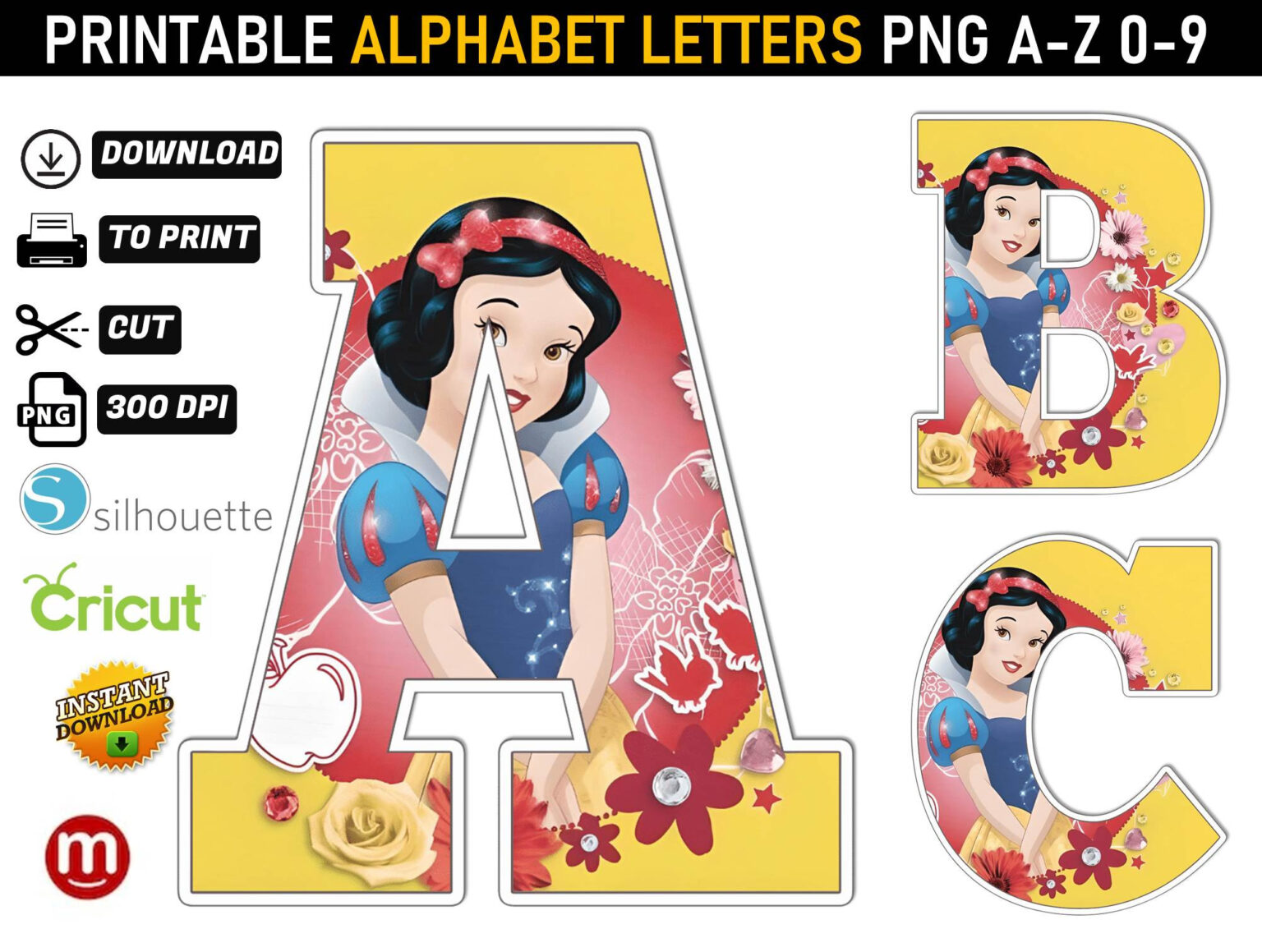 Snow White Alphabet Letters png - MR ALPHABETS